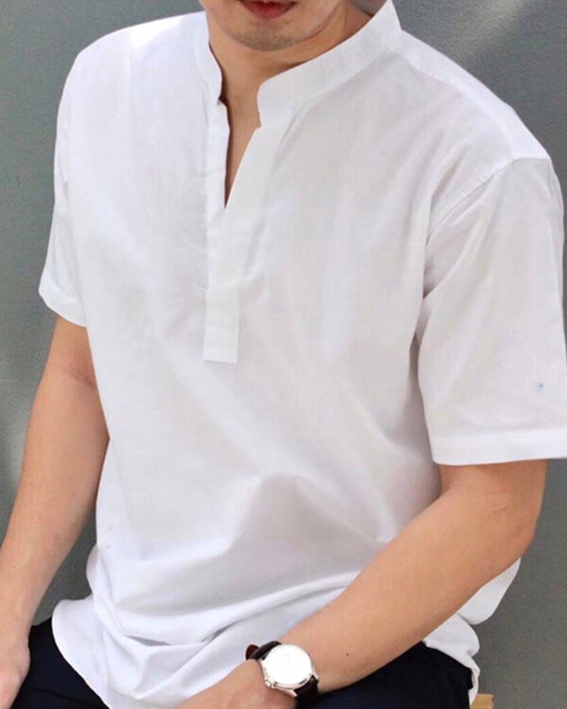 Men’s White Mandarin Collar Shirt | Casual Summer Shirt