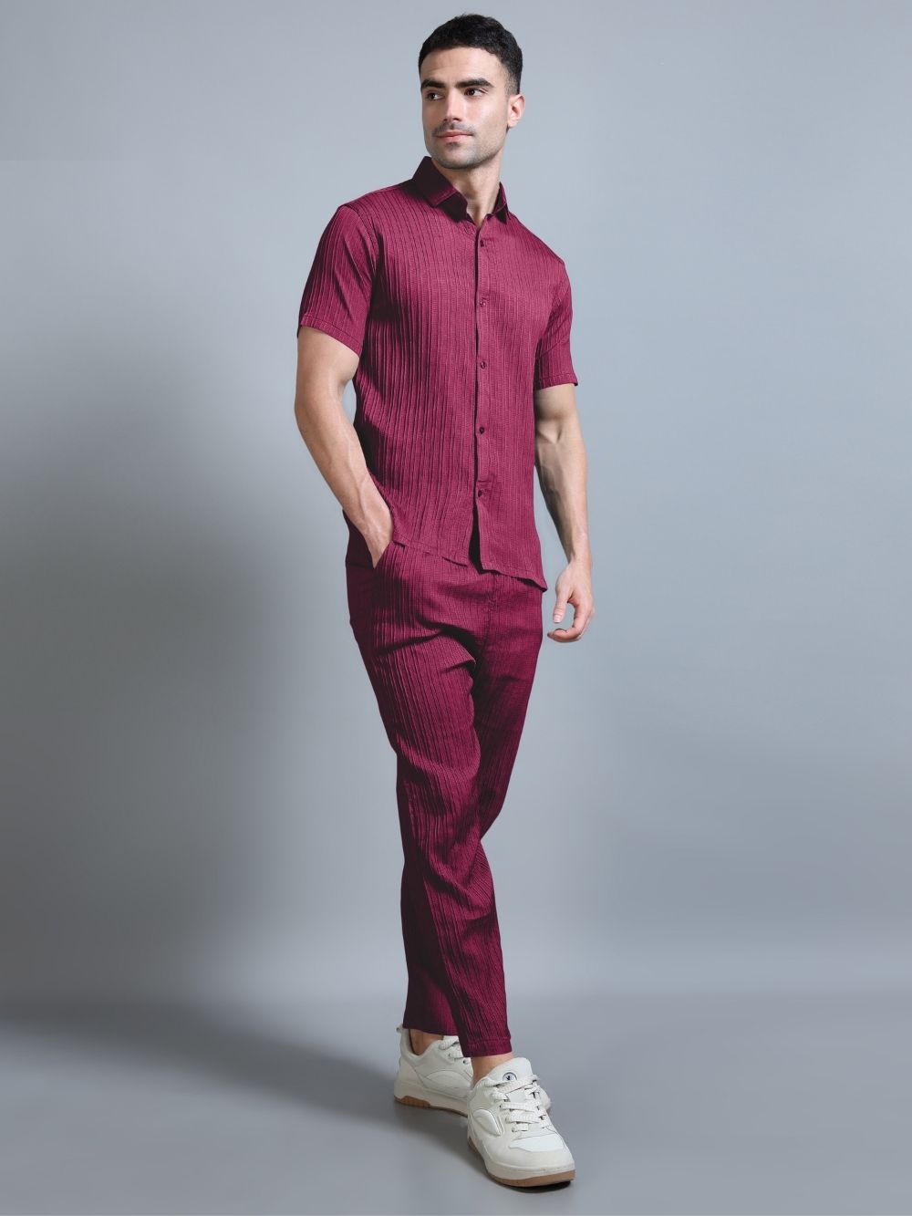 Wine Red Textured Cord Set for Men | Two-Piece Co-ord Outfit