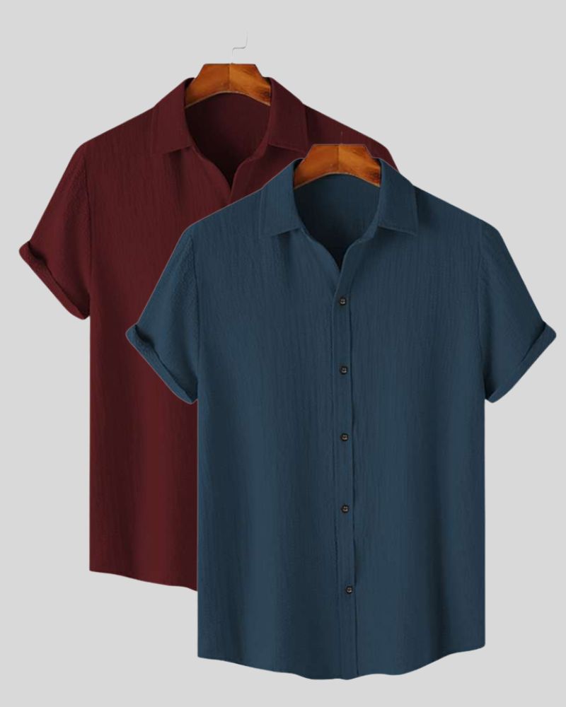 Storm & Wine Crinkle Shirt Set – Navy & Maroon Textured Shirts